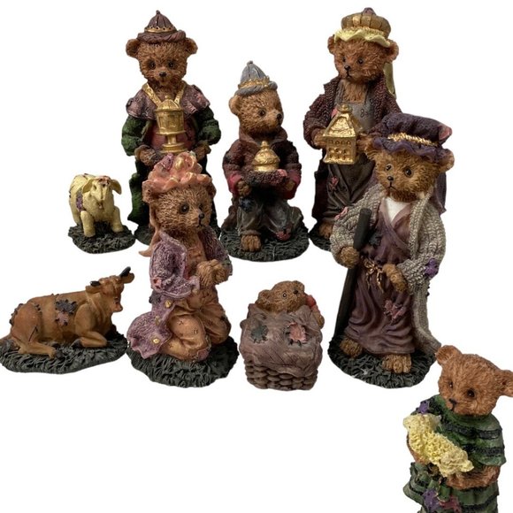 Holiday | Vintage Patchwork Bear Folk Art Nativity Set 9 Piece ...